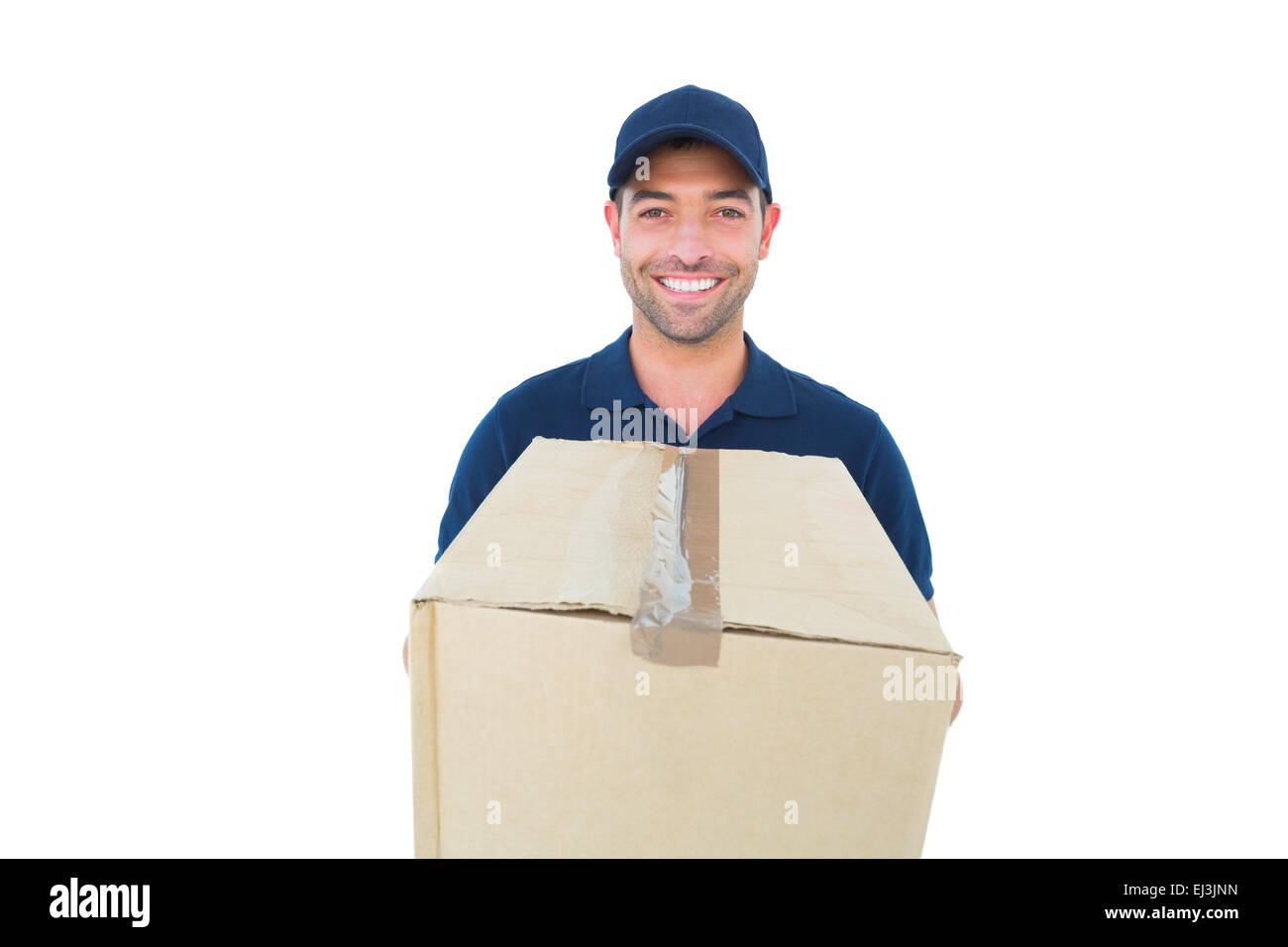 Happy delivery man holding cardboard box Stock Photo - Alamy