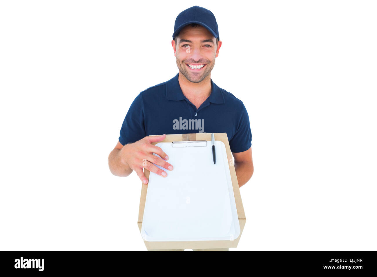 Happy delivery man with package and clipboard Stock Photo - Alamy