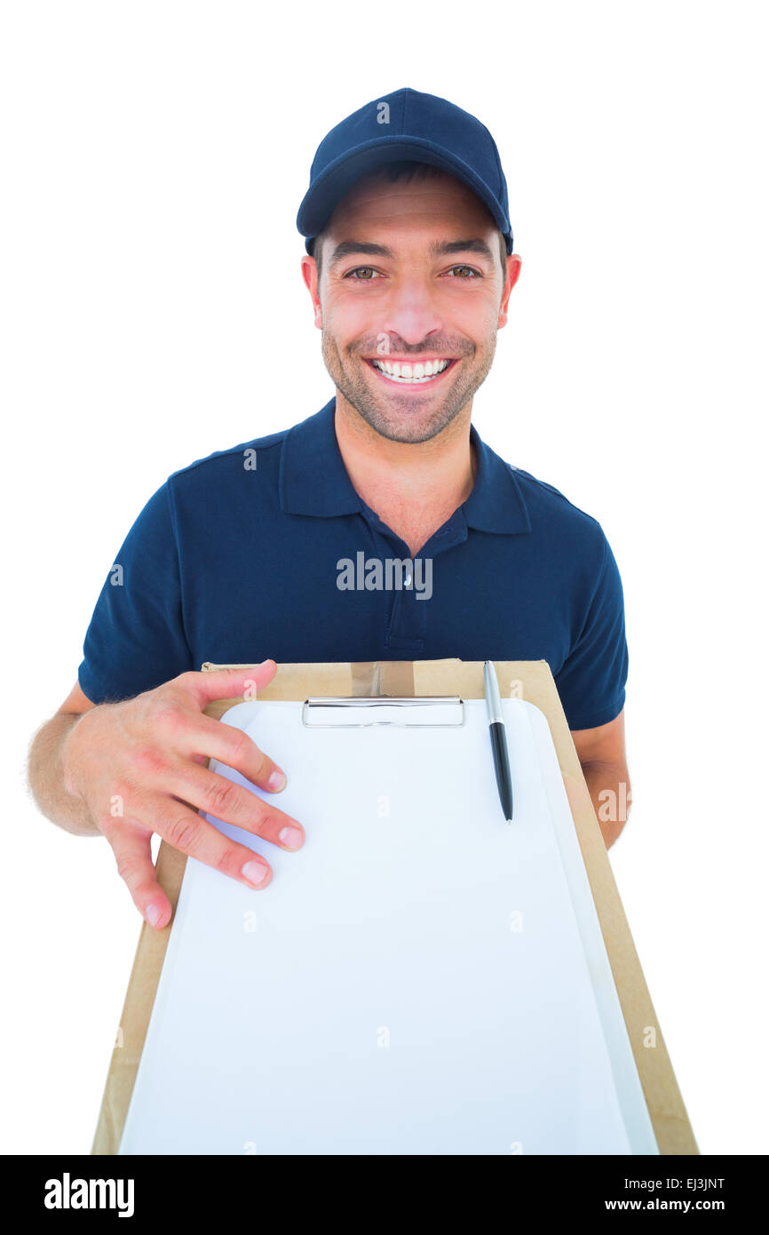 Happy delivery man clipboard hi-res stock photography and images - Alamy