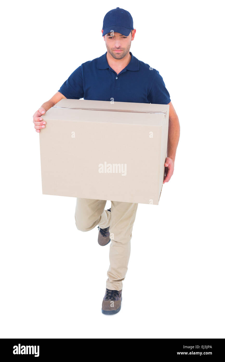 Delivery man with cardboard box running on white background Stock Photo ...