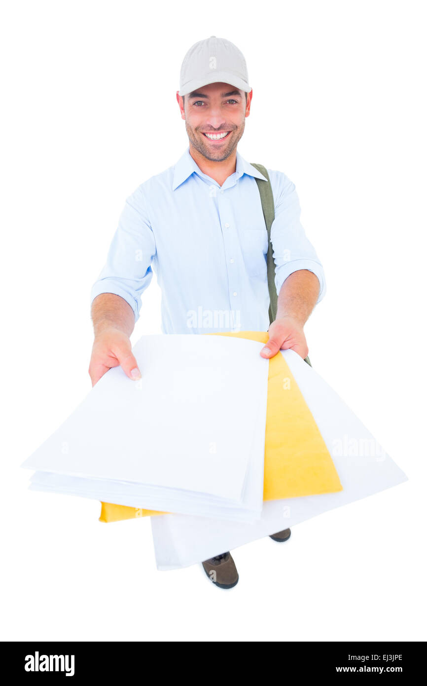 Happy postman delivering lettes on white background Stock Photo - Alamy