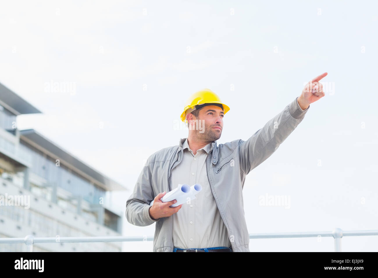 Architect with blueprints pointing towards sky Stock Photo - Alamy