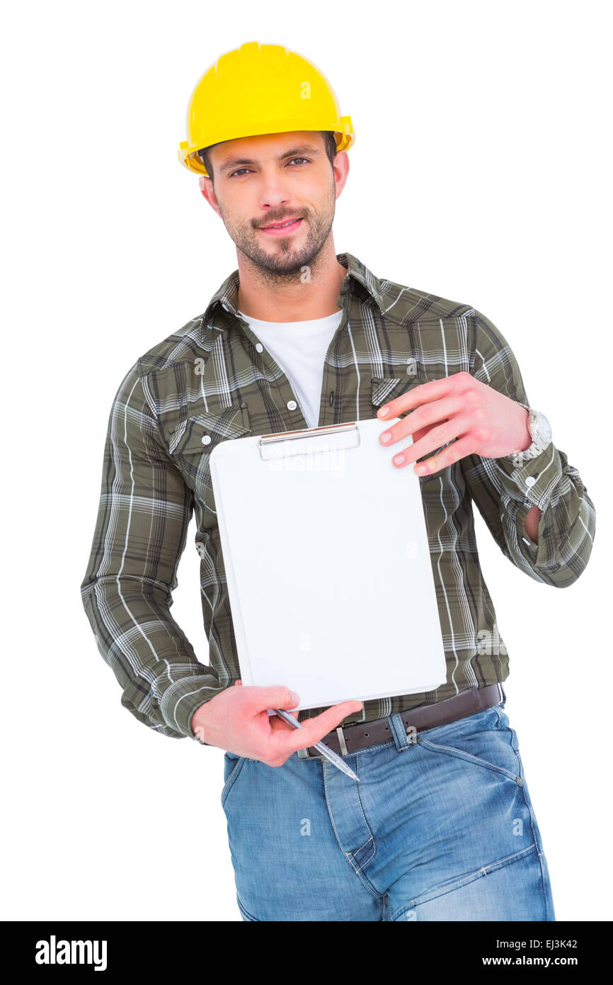 smiling manual worker holding clipboard Stock Photo - Alamy