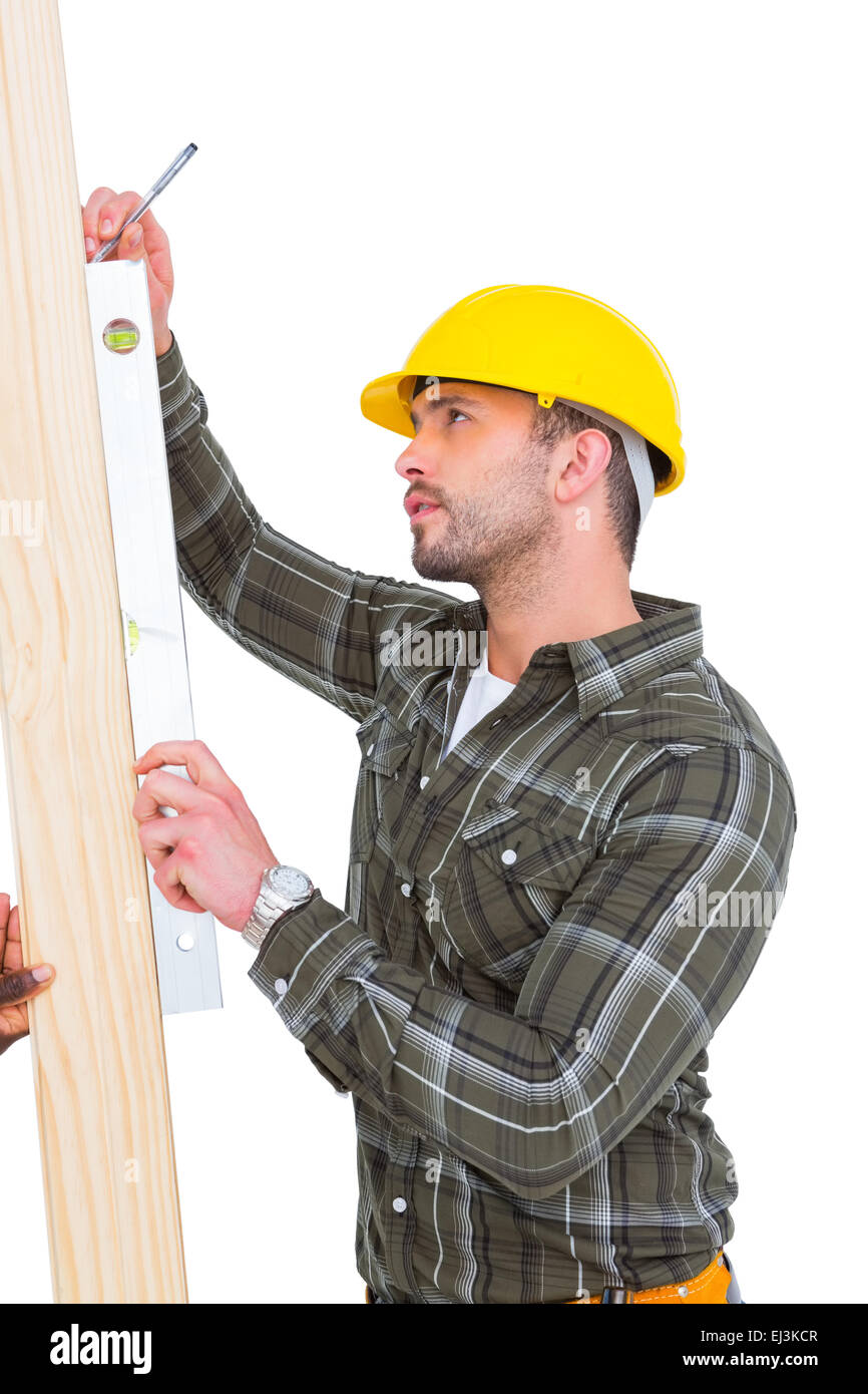 Carpenter using spirit level on wood plank Stock Photo - Alamy