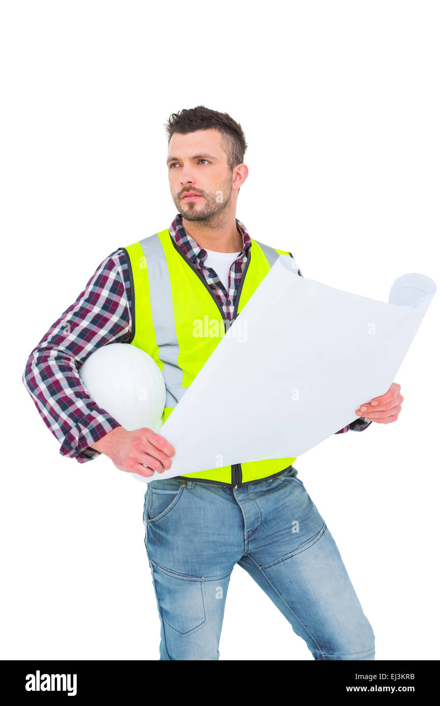 Thoughtful architect holding blueprint Stock Photo - Alamy Thoughtful architect holding blueprint Stock Photo - Alamy
