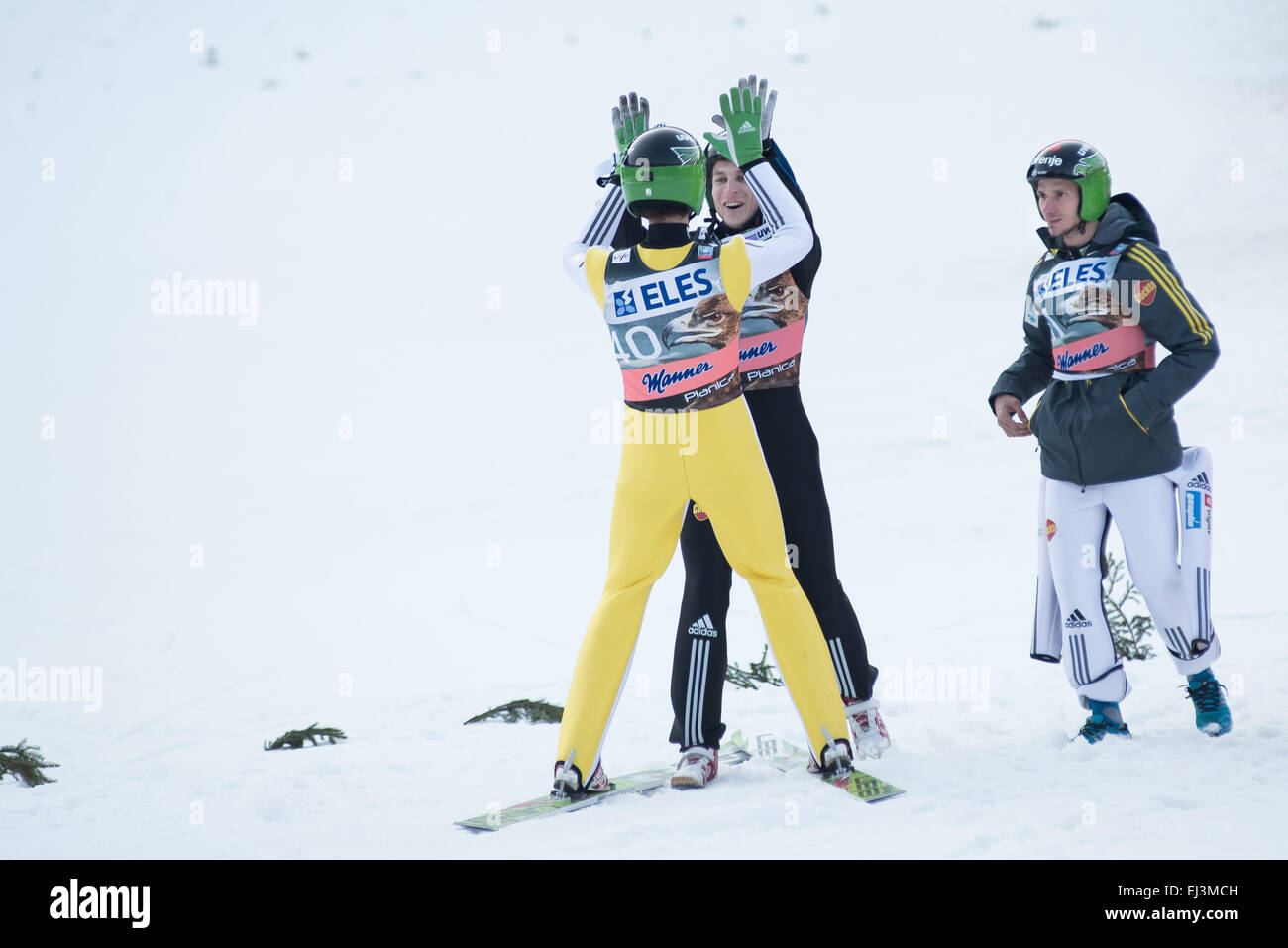 Planica, Slovenia. 20th Mar, 2015. Slovenian team celebrating double ...