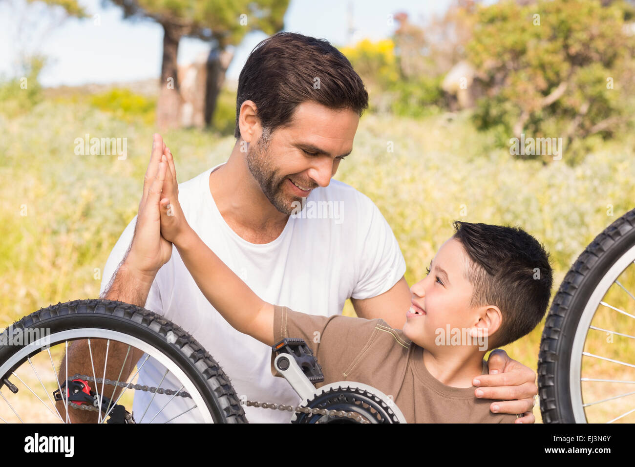 Father and son repairing bike together Stock Photo - Alamy