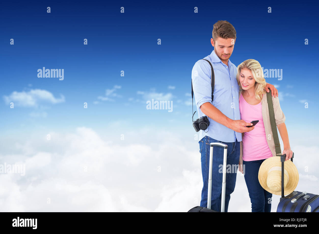 Composite image of attractive young couple ready to go on vacation ...