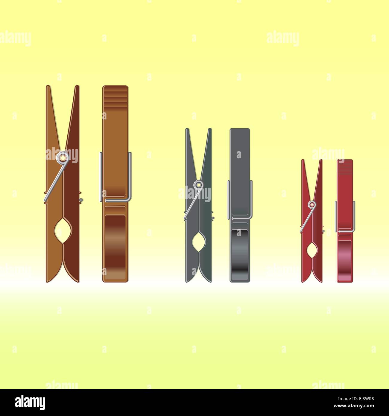 Metal color clothes pin set on gradient background, vector illustration ...