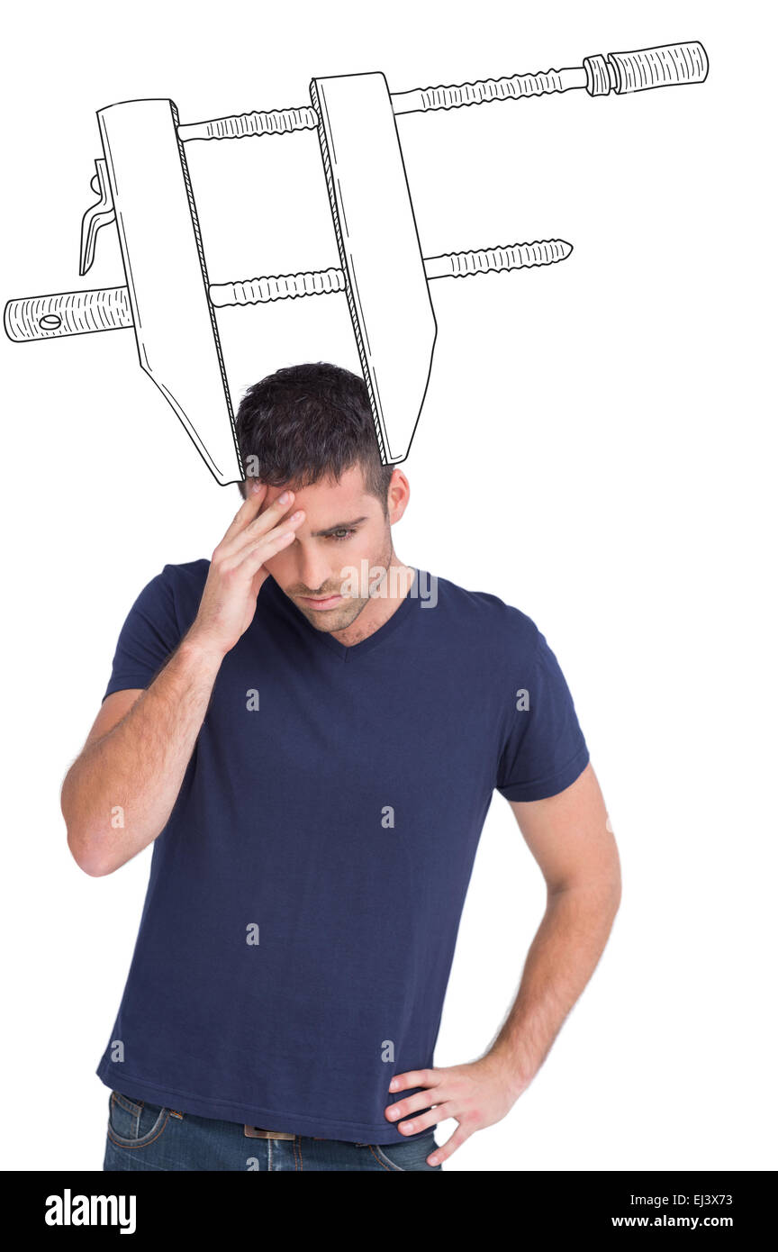 Composite image of upset man holding his forehead Stock Photo - Alamy