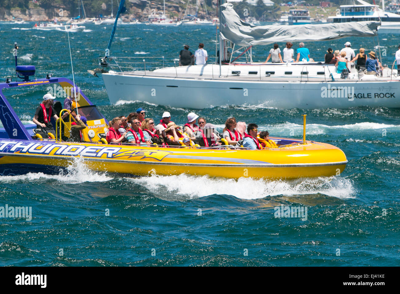 Thunder jet boat on sydney harbour full of passengers out for the ...