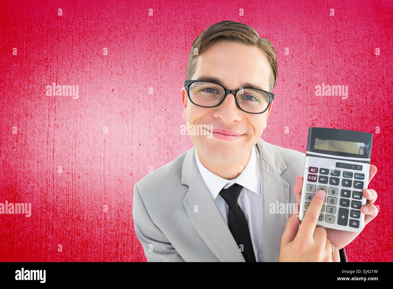 Composite image of geeky smiling businessman showing calculator Stock ...