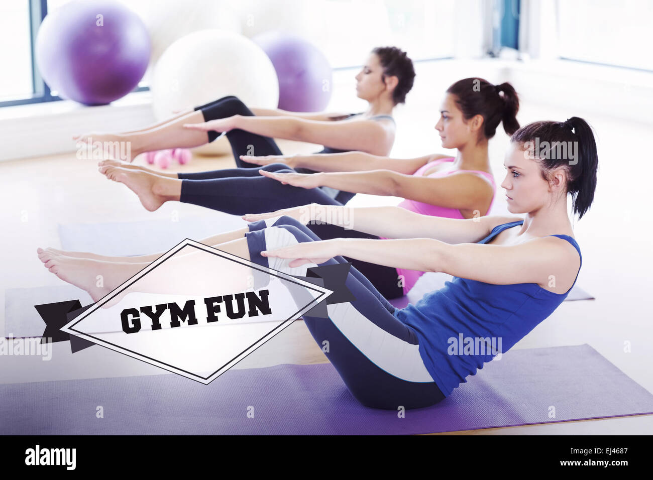 Gym fun against badge Stock Photo - Alamy