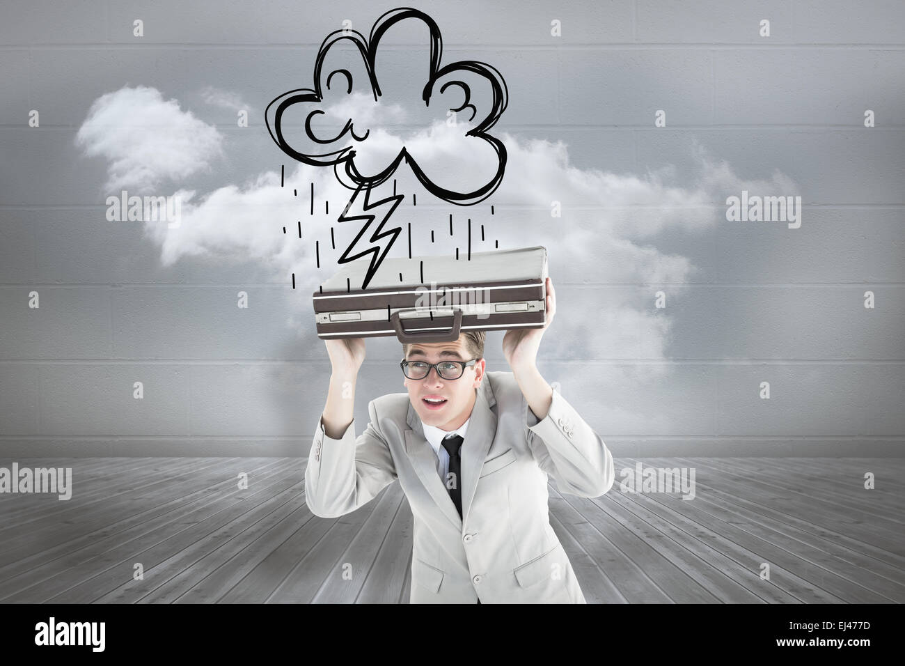 Composite image of geeky businessman holding his briefcase over head ...