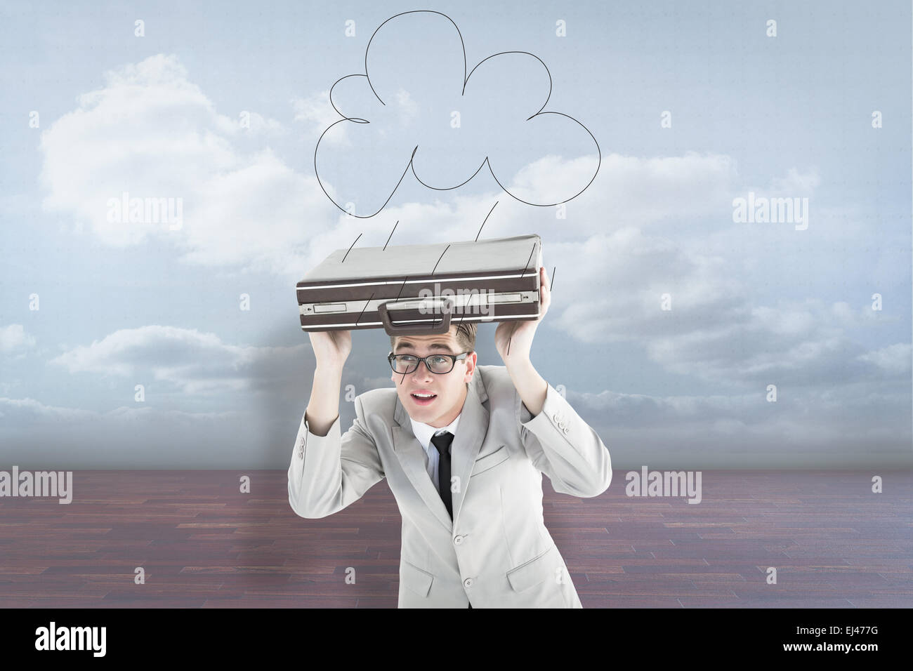 Composite image of geeky businessman holding his briefcase over head ...