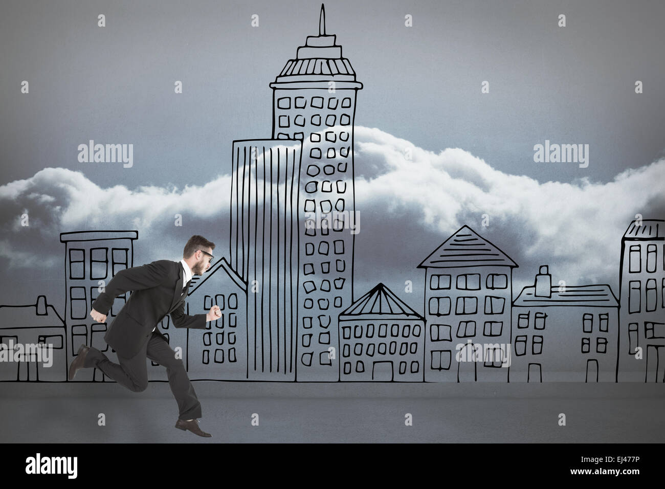 Composite image of geeky young businessman running mid air Stock Photo ...