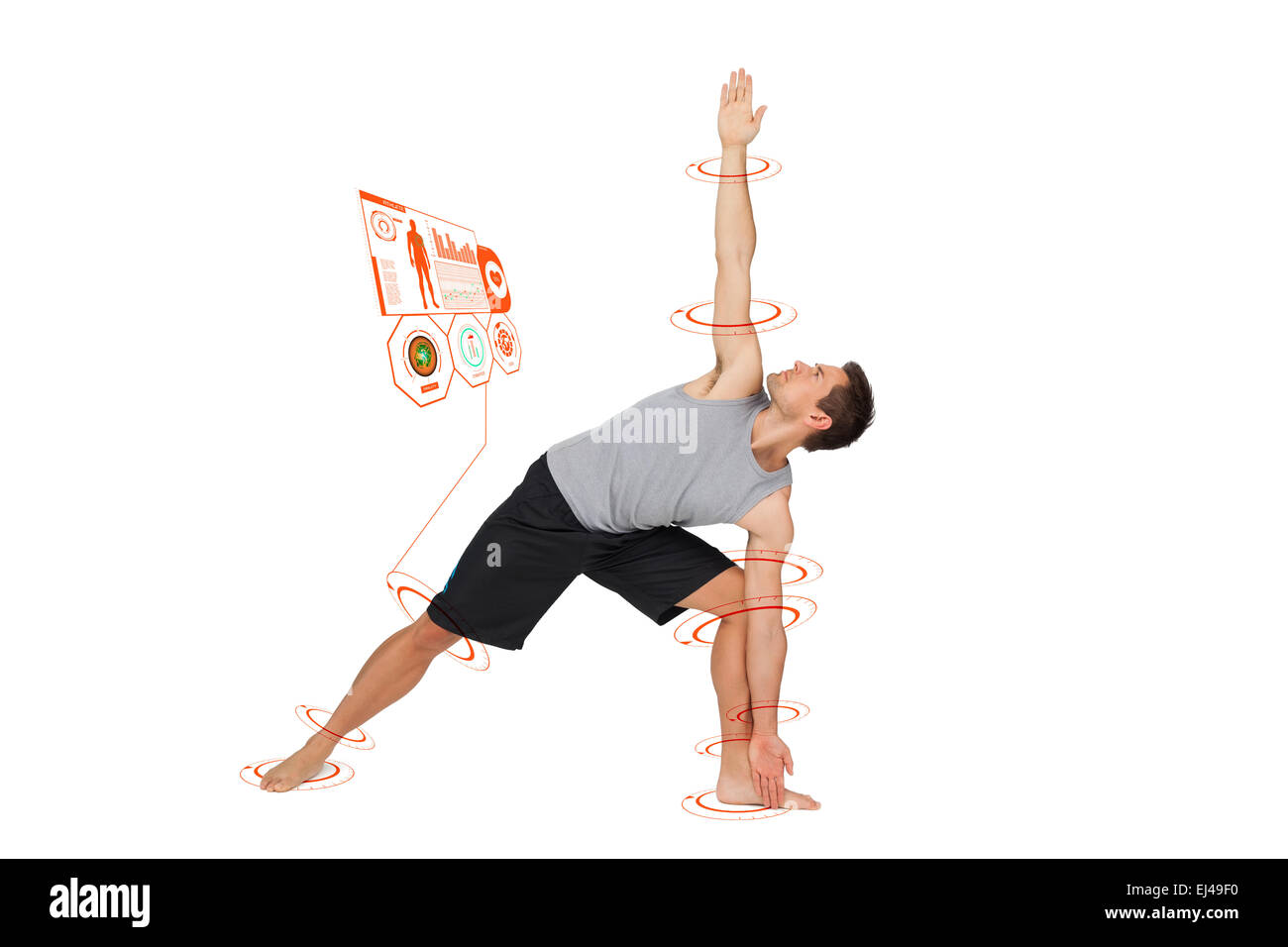 Composite image of full length of a young man stretching hand to leg ...