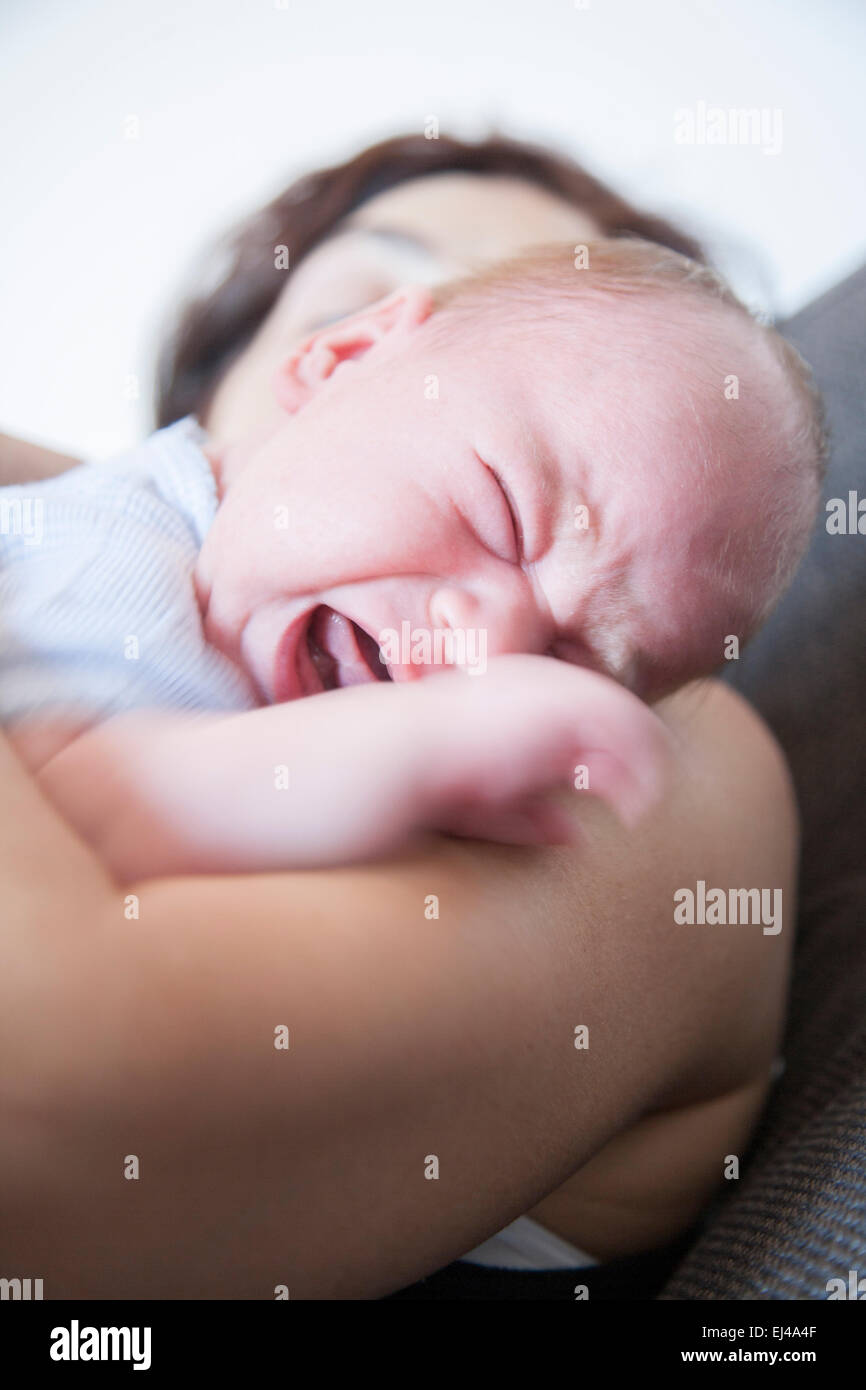 one month age baby crying and scream shout close eyes tongue on ...