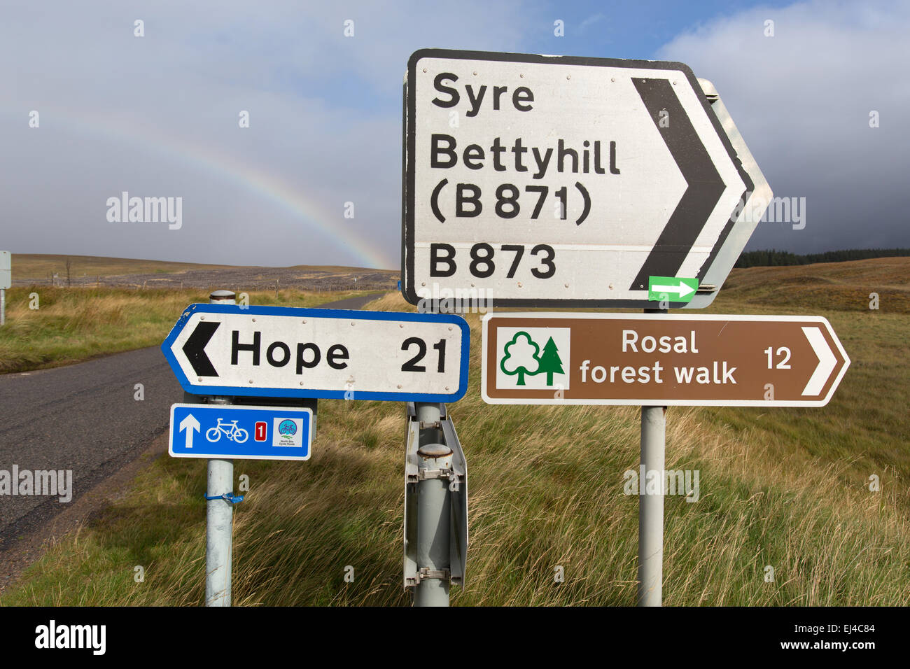 View of a road direction signs in Scotland’s county of Sutherland, on ...