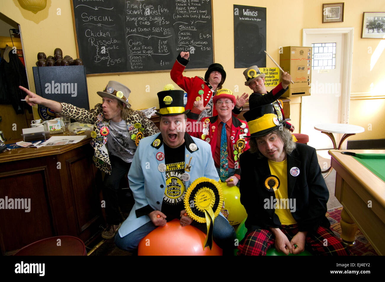 Monster Raving Loony Party candidates on space hoppers in a pub in May ...