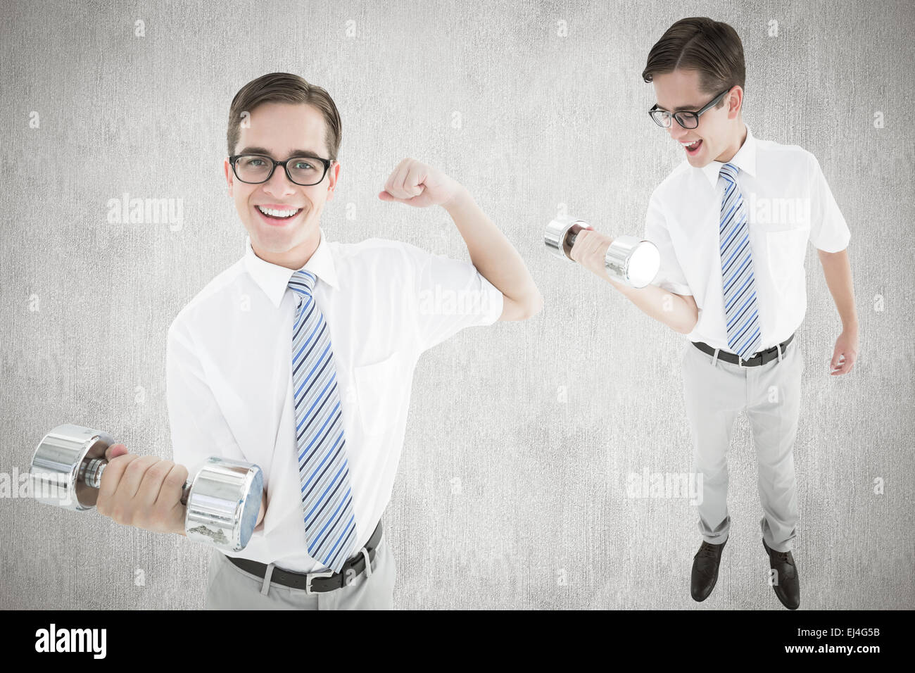 Composite image of nerd lifting dumbbell Stock Photo - Alamy