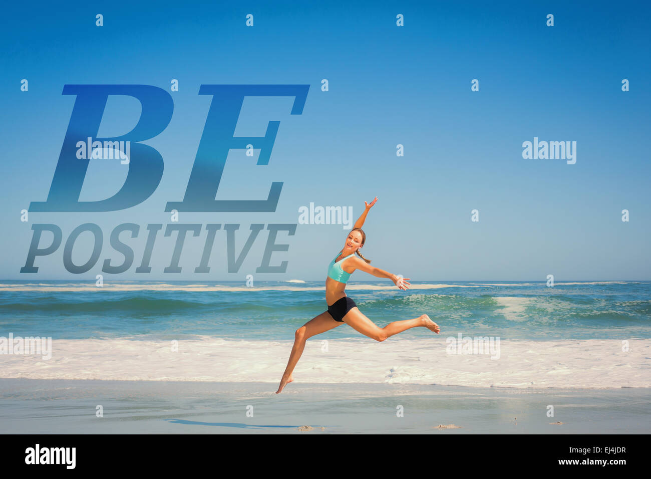 Composite image of fit woman jumping gracefully on the beach Stock ...