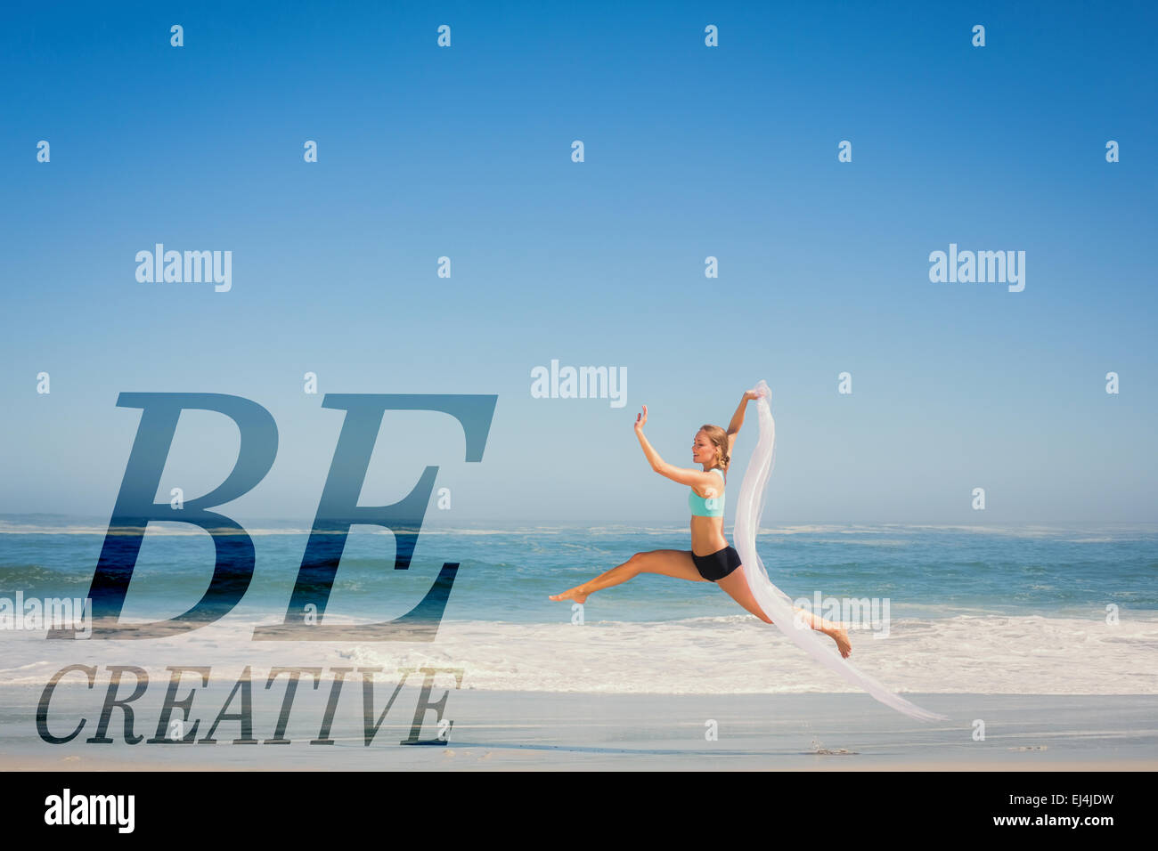 Composite image of fit woman jumping gracefully on the beach with scarf ...