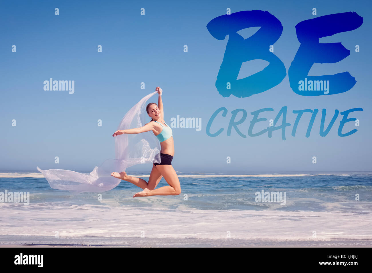 Composite image of fit woman jumping gracefully on the beach with scarf ...