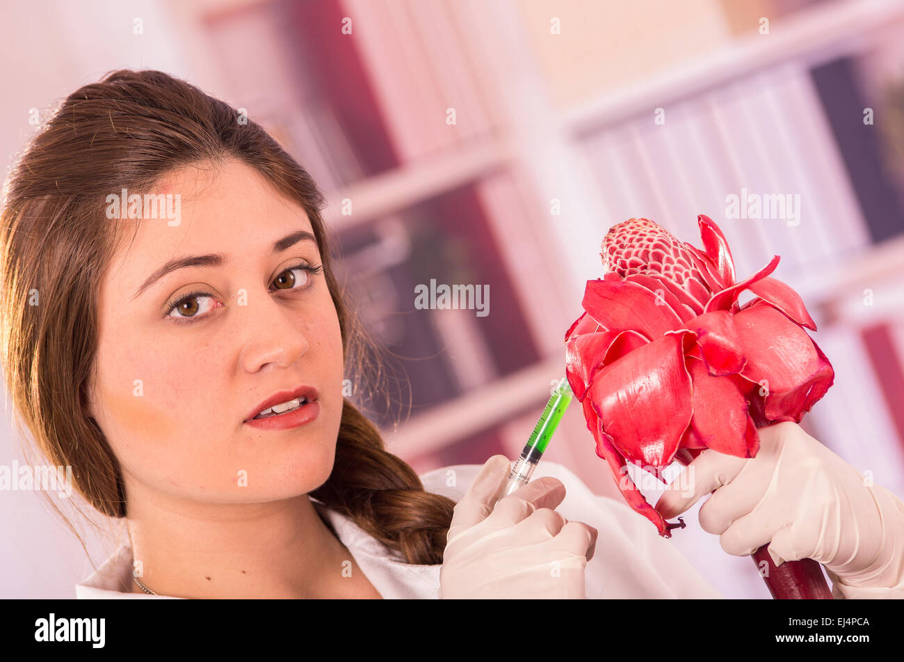 beautiful female biologist experimenting with red flower Stock Photo ...