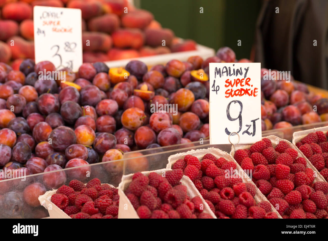 Red raspberries in boxes at local farm market in Poland Stock Photo - Alamy