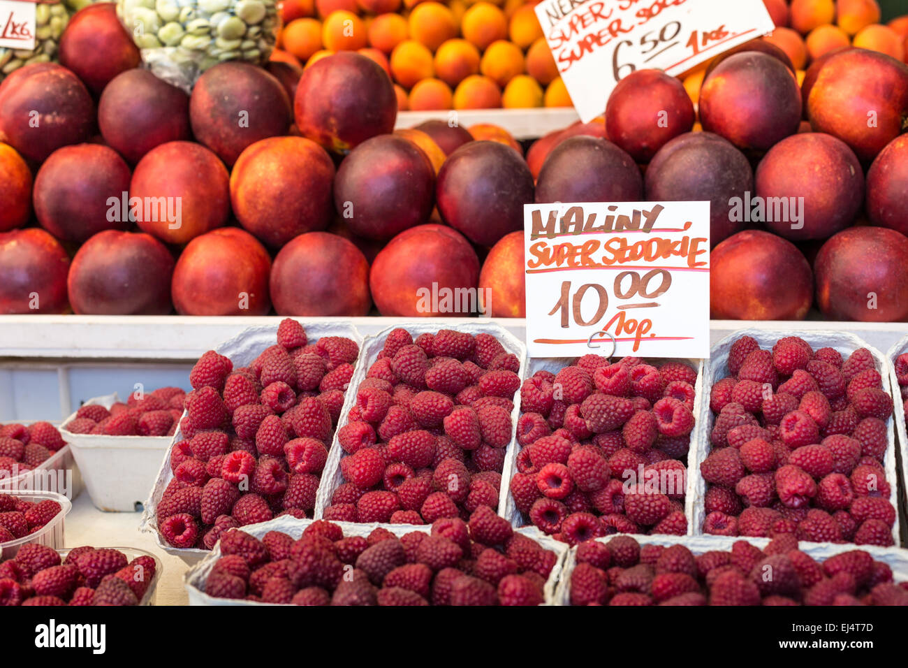 Red raspberries in boxes at local farm market in Poland Stock Photo - Alamy