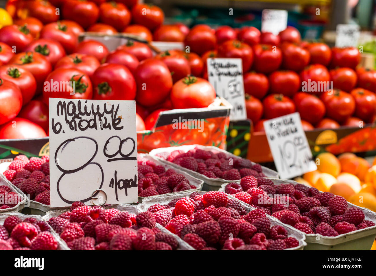 Red raspberries in boxes at local farm market in Poland Stock Photo - Alamy