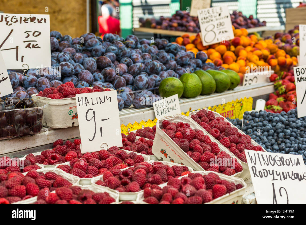 Red raspberries in boxes at local farm market in Poland Stock Photo - Alamy