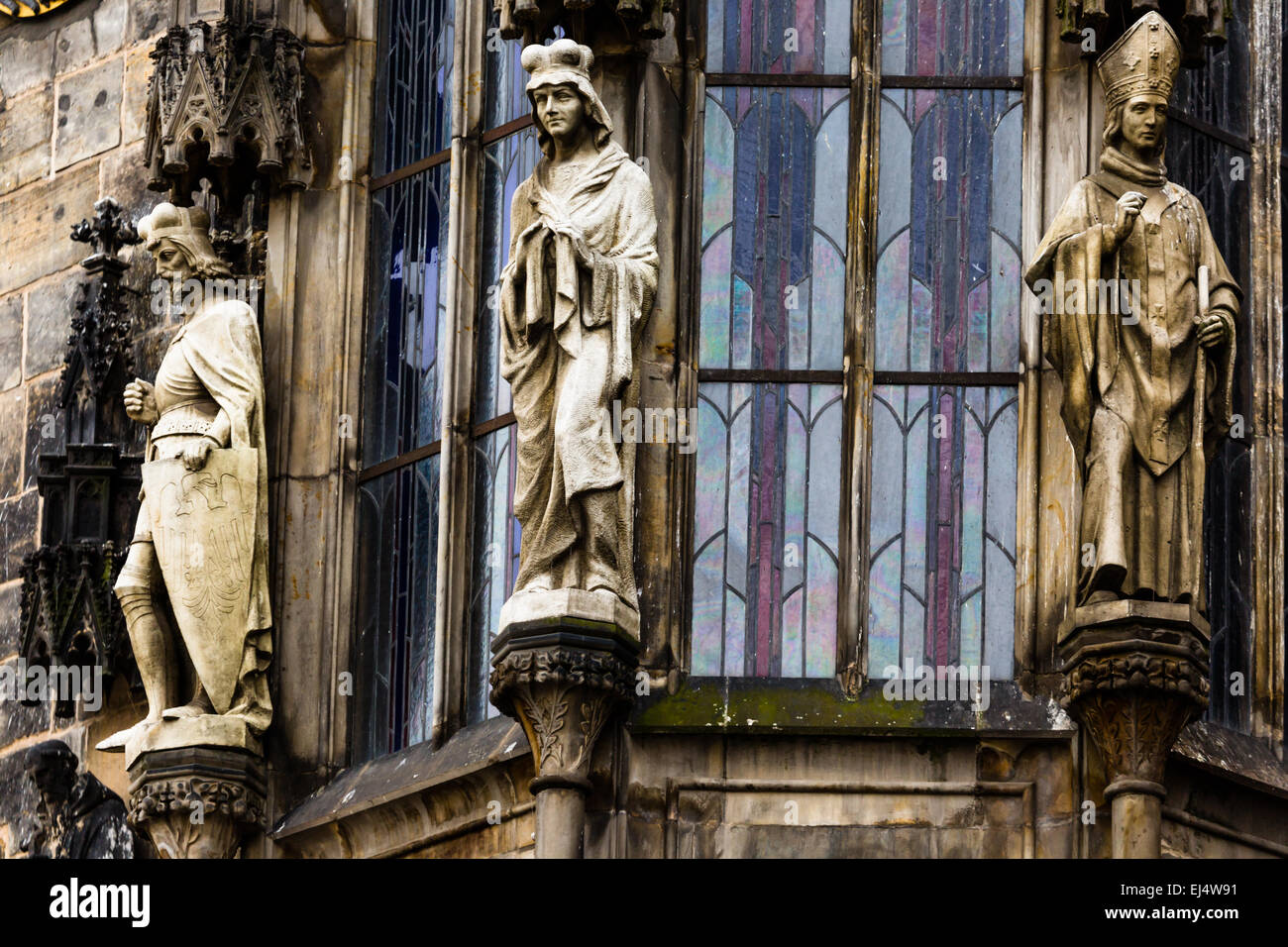 Closeup of Prague Town Hall window with sculptures, Czech Republic ...