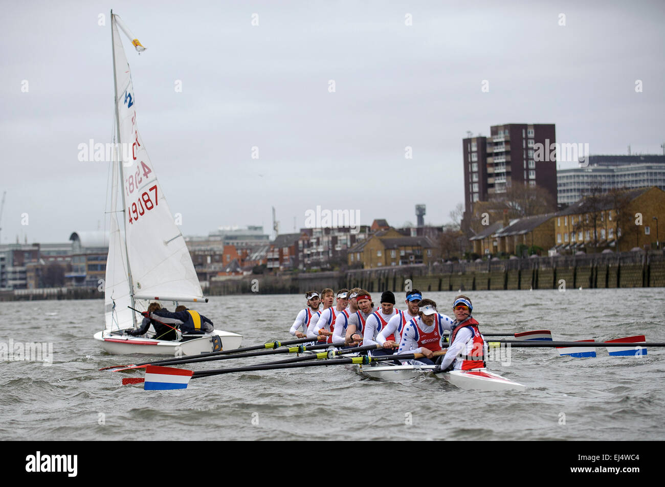 London, UK. 21st March, 2015. A small yacht brings the Netherlands ...