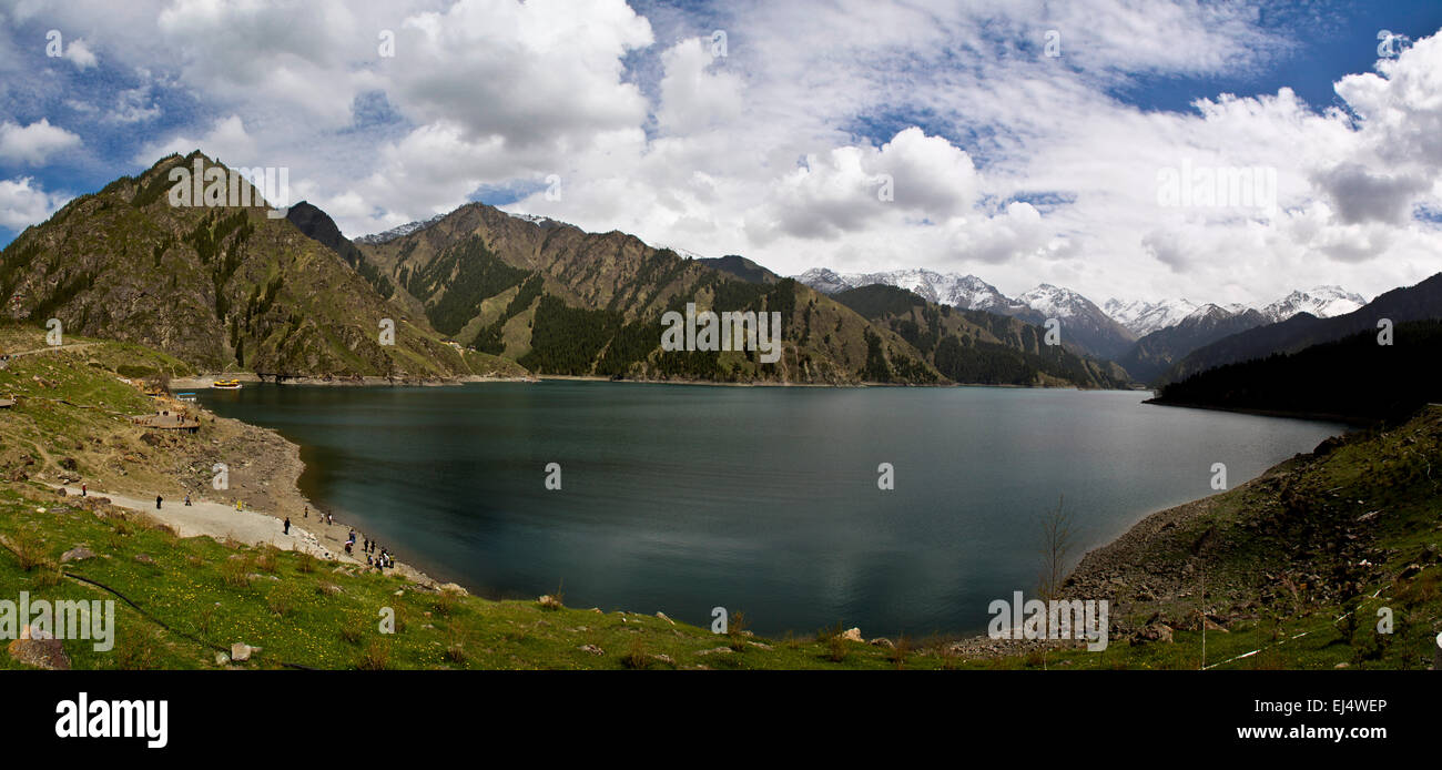 Heaven Lake in the Tianshan Mountains with Mt Bogda 5595 metres in the ...