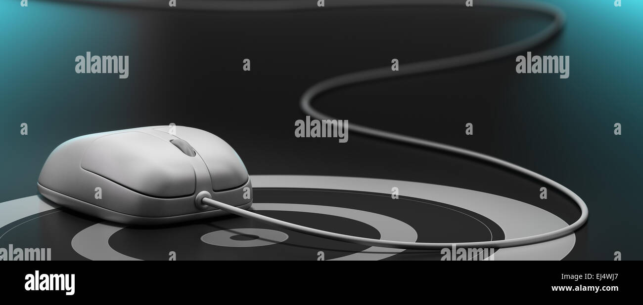 White mouse over a target with wire, black background, blue reflection ...