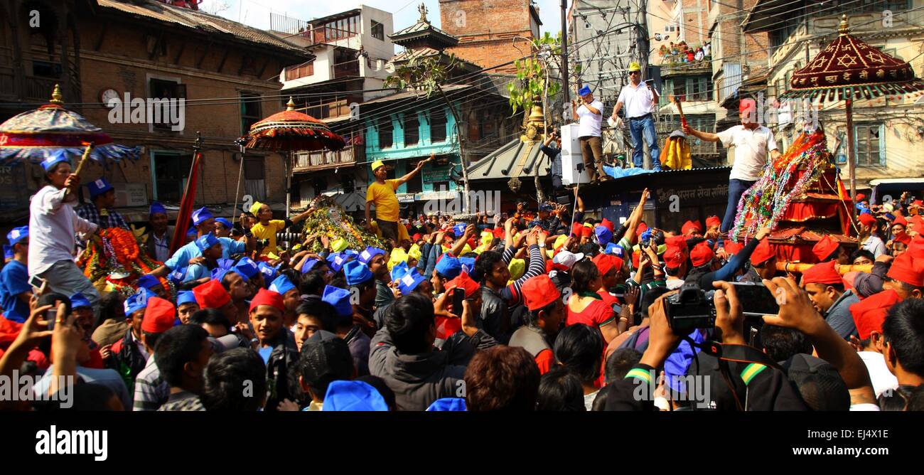 Kathmandu, Nepal. 21st Mar, 2015. Newari community devotees carry ...