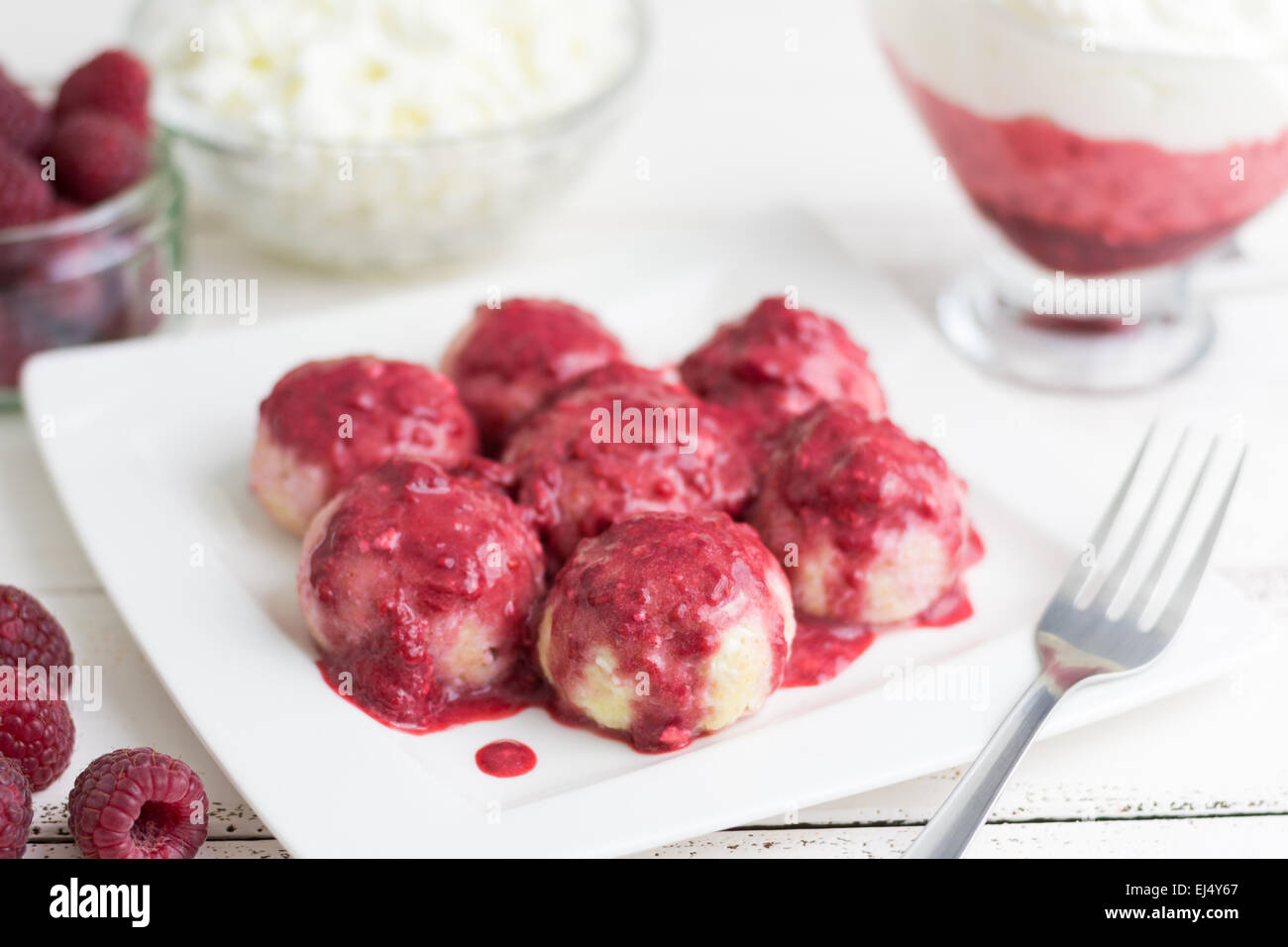 Curd Balls with Raspberry Sauce Ready to Eat Stock Photo - Alamy