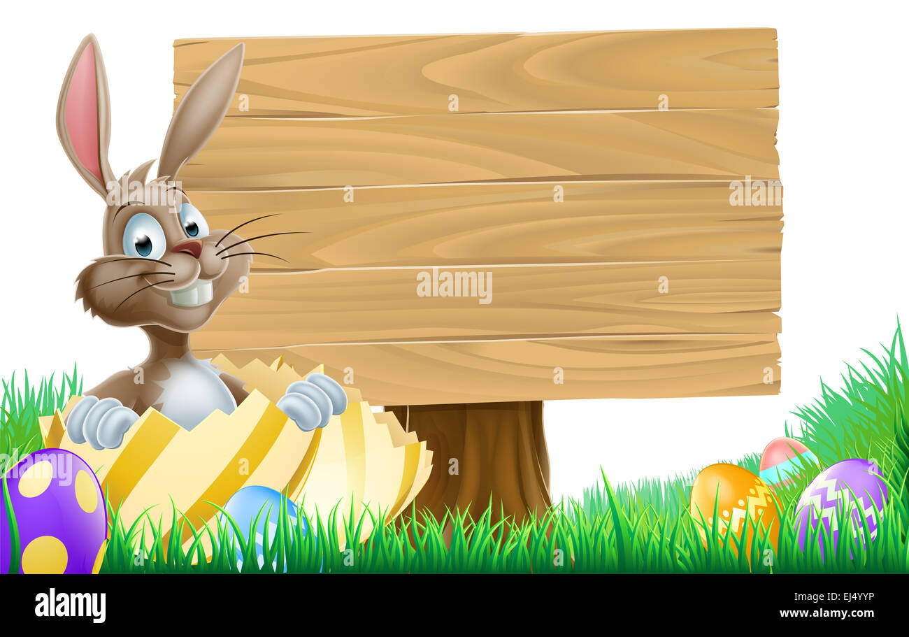 Cartoon wooden Easter sign concept with an Easter Bunny inside an ...