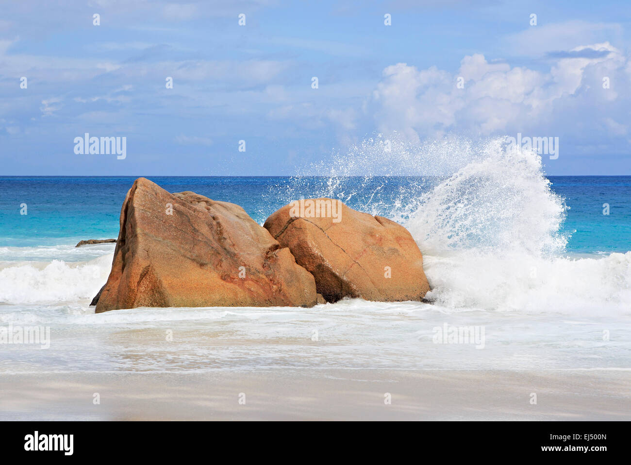 Beautiful large granite boulders in Indian Ocean on the beach of Anse ...