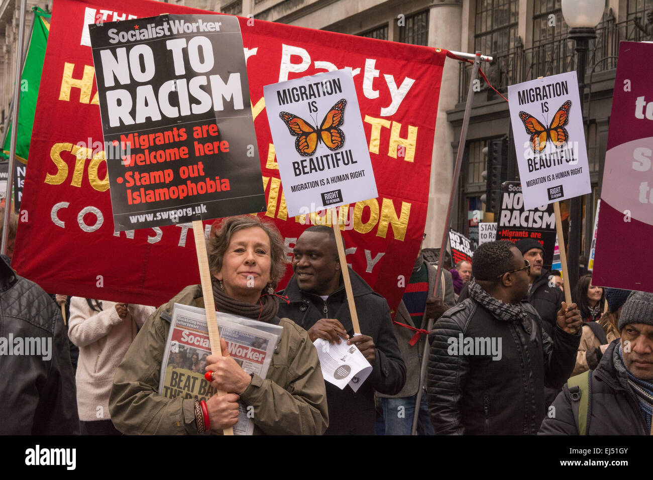 London, 21st March 2015 Anti-racism protesters march through London as ...