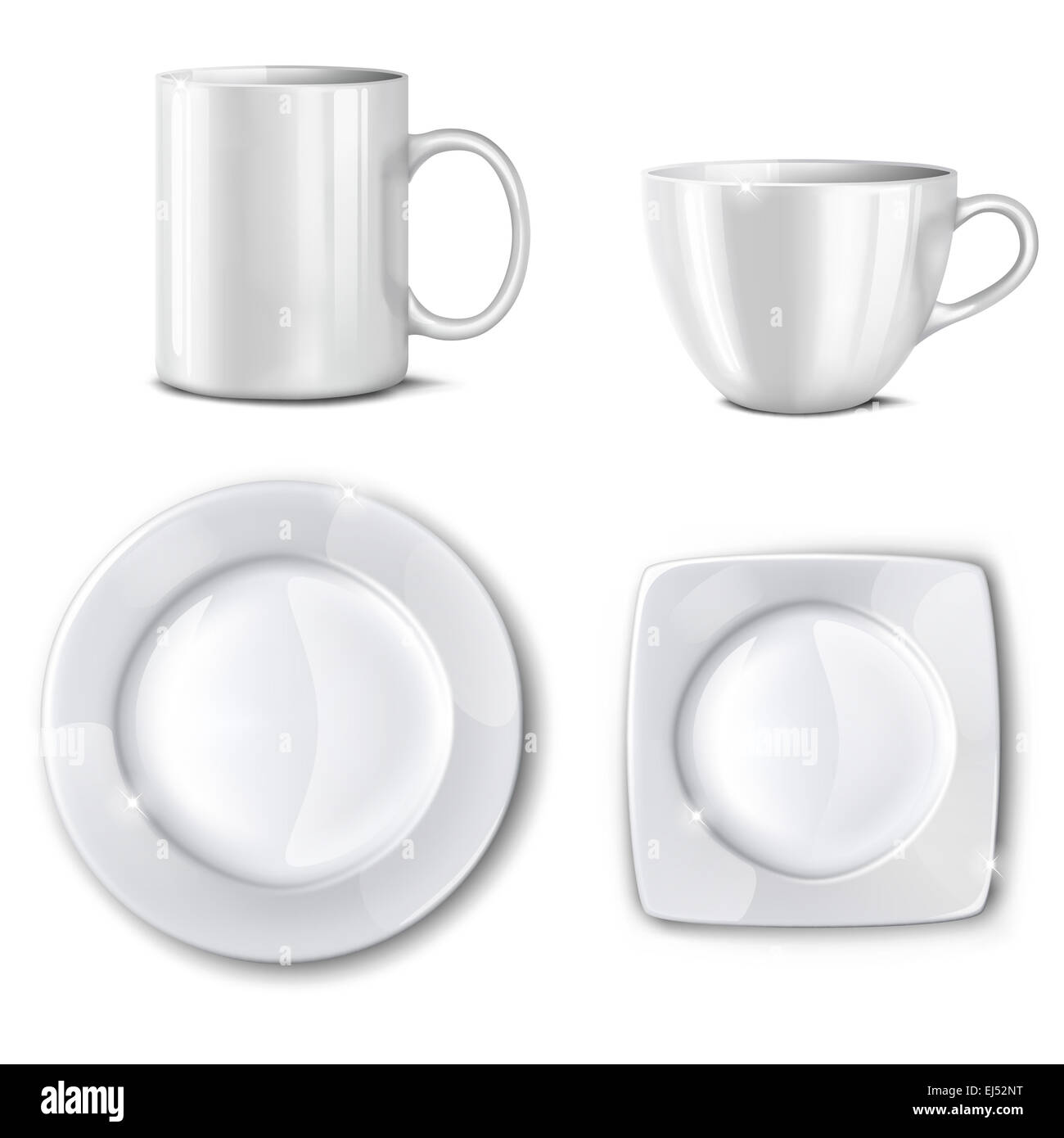 Empty cups and plates on a white background. Mesh.This file contains ...