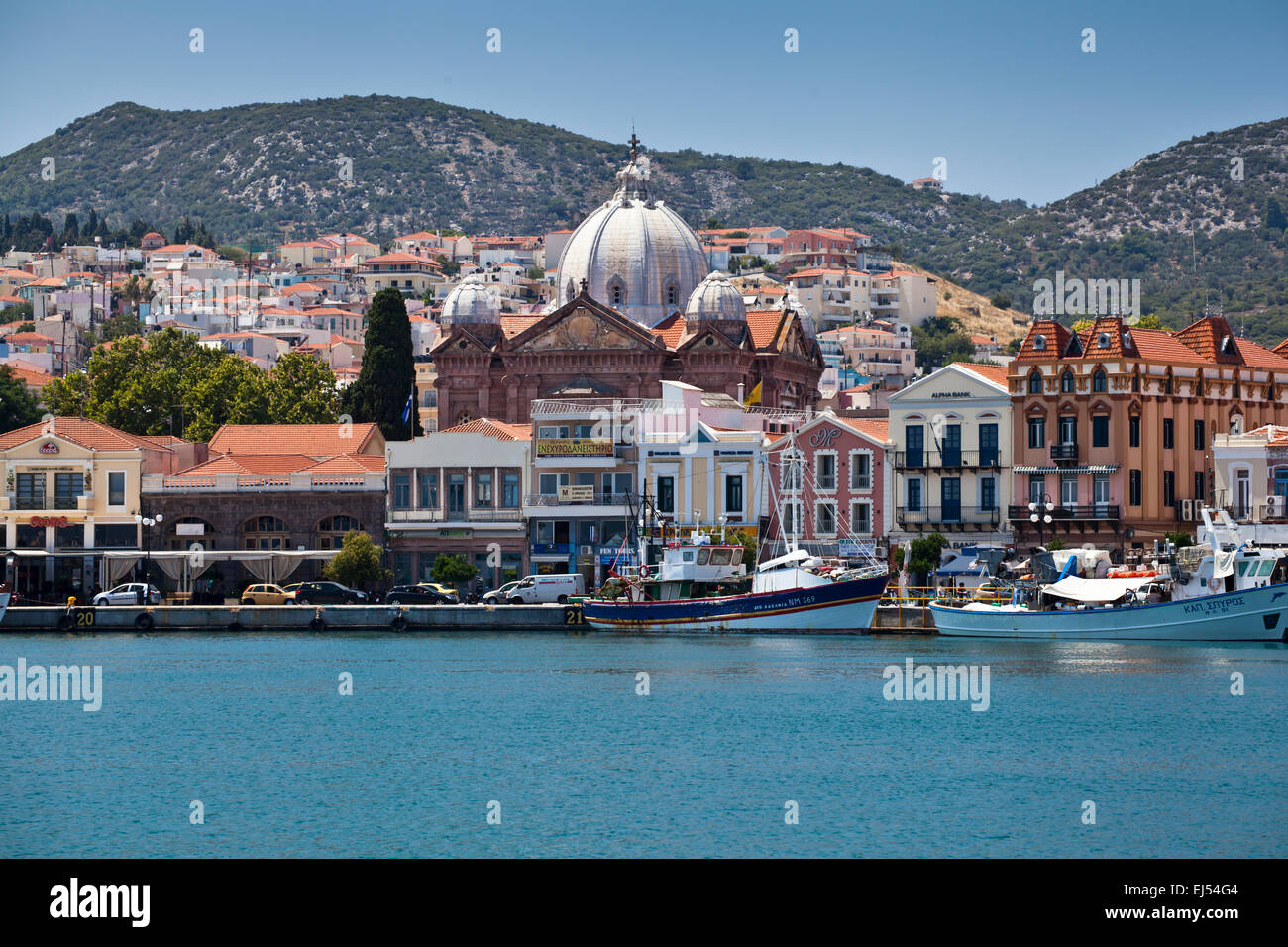 View of the South Harbour and Church of Agios Therapon in Mytilene in ...