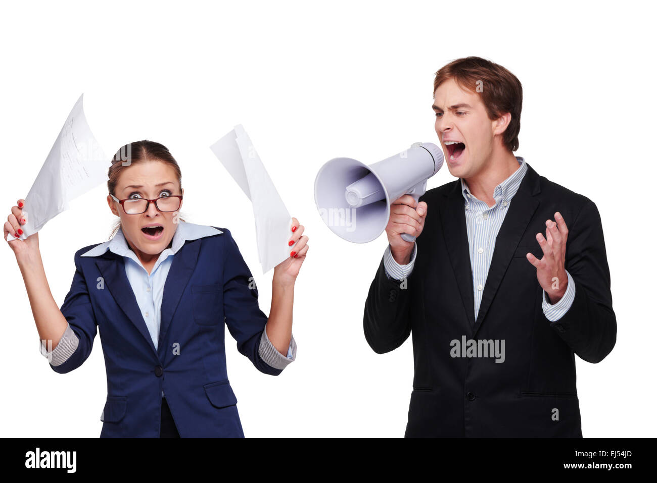 Boss screaming with megaphone at his assistant Stock Photo - Alamy