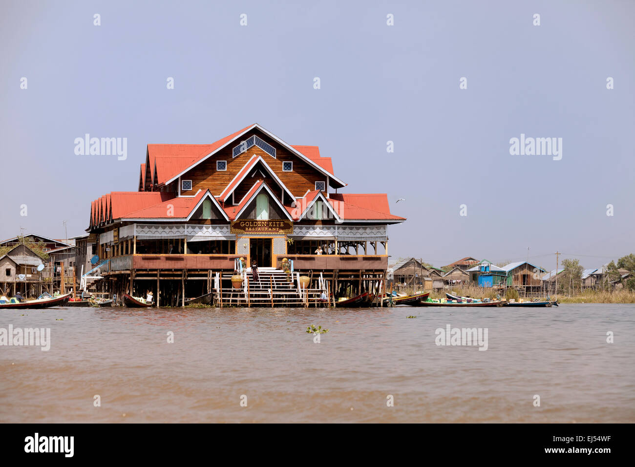 The Golden Kite restaurant on a floating island; Nam Pan village, Inle ...