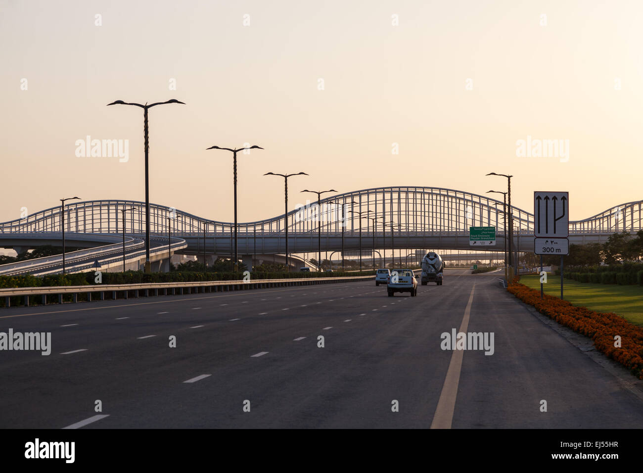 Wave shaped Meydan Bridge and highway in Dubai, United Arab Emirates ...