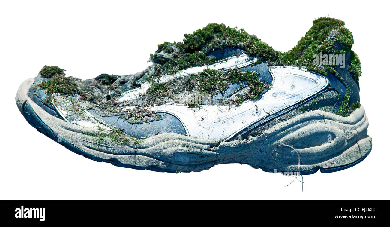 Covered with moss shoes on a white background Stock Photo - Alamy