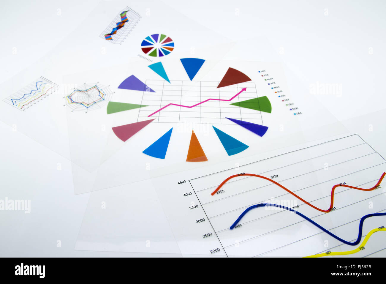 stack of paper documents with financial reports and statistic ...