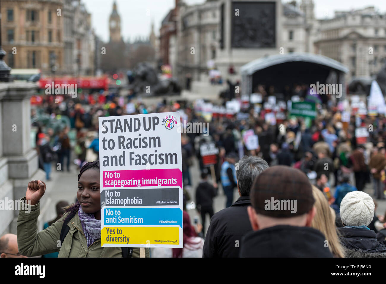 London, 21st March 2015 Anti-racism protesters gather in Trafalgar ...